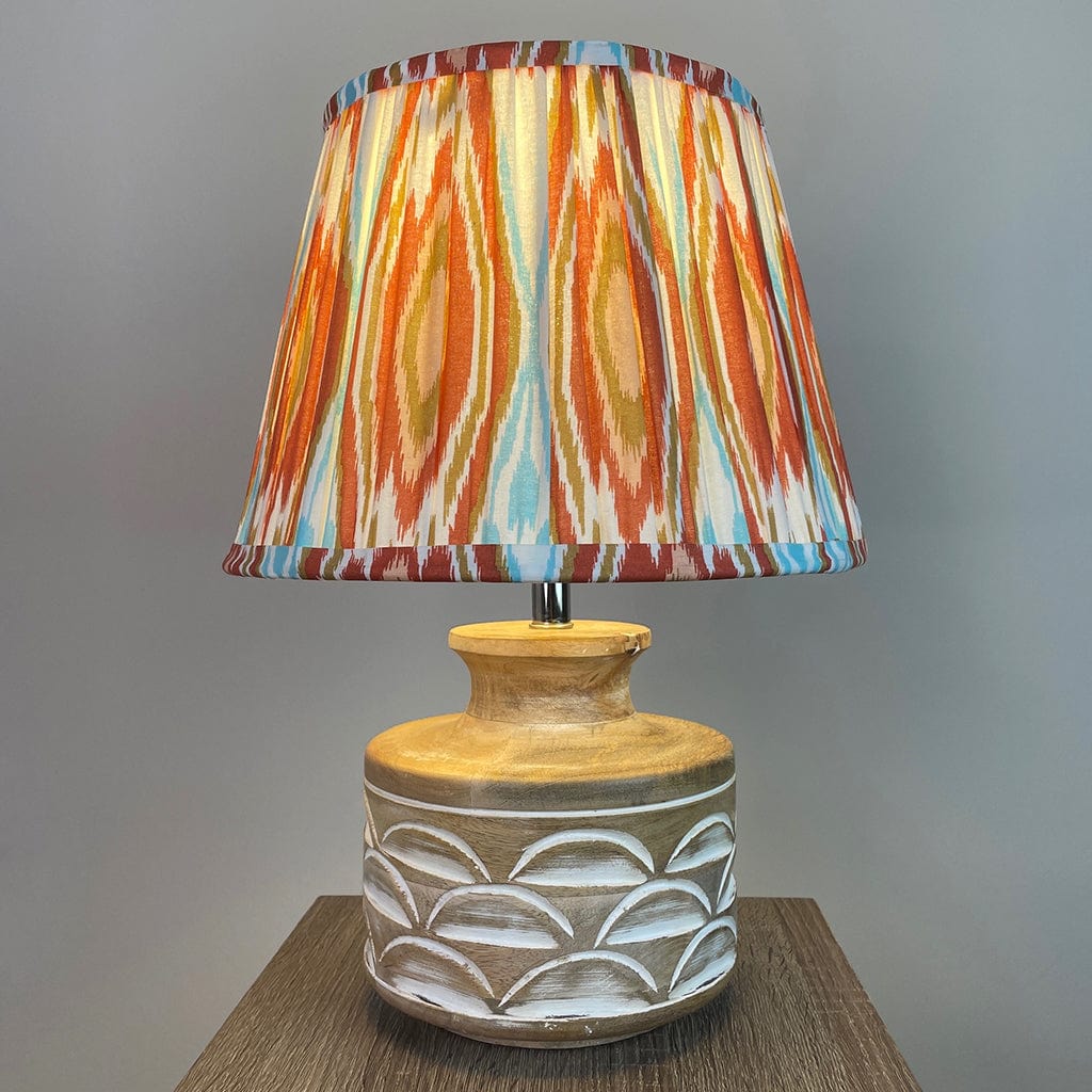 White Wash Carved Wood Table Lamp with Orange & Teal Ikat Shade ...